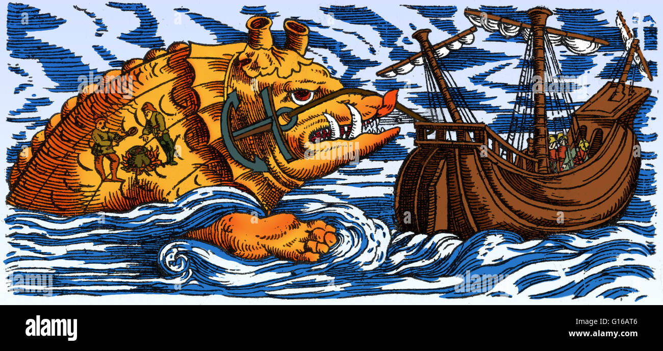 16th century illustration depicting an Aspidochelone, a legendary sea ...