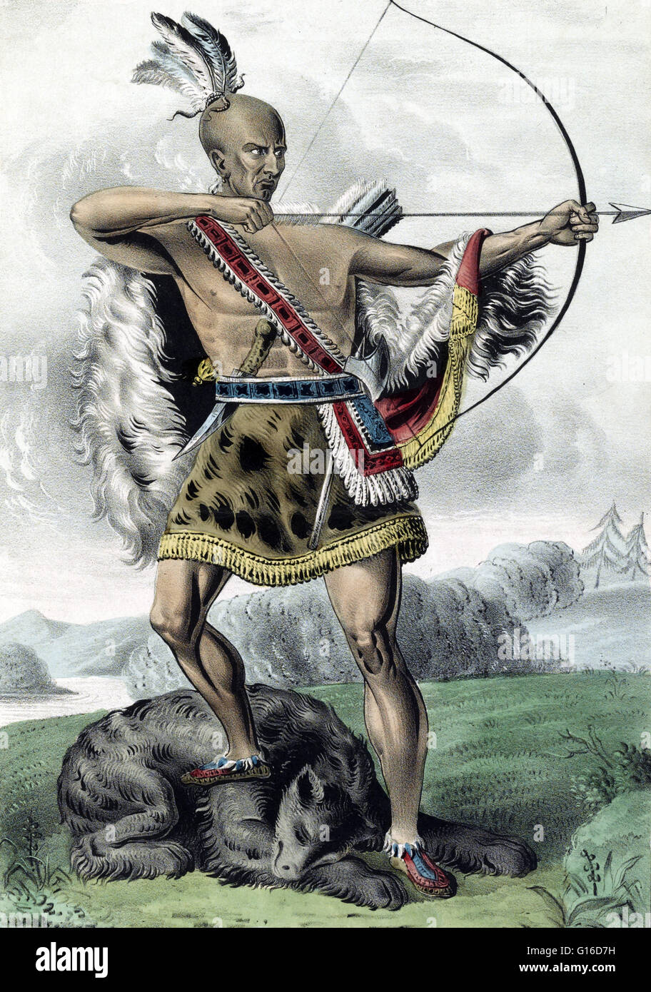 Entitled: "The Indian hunter" showing American Indian standing on dead ...