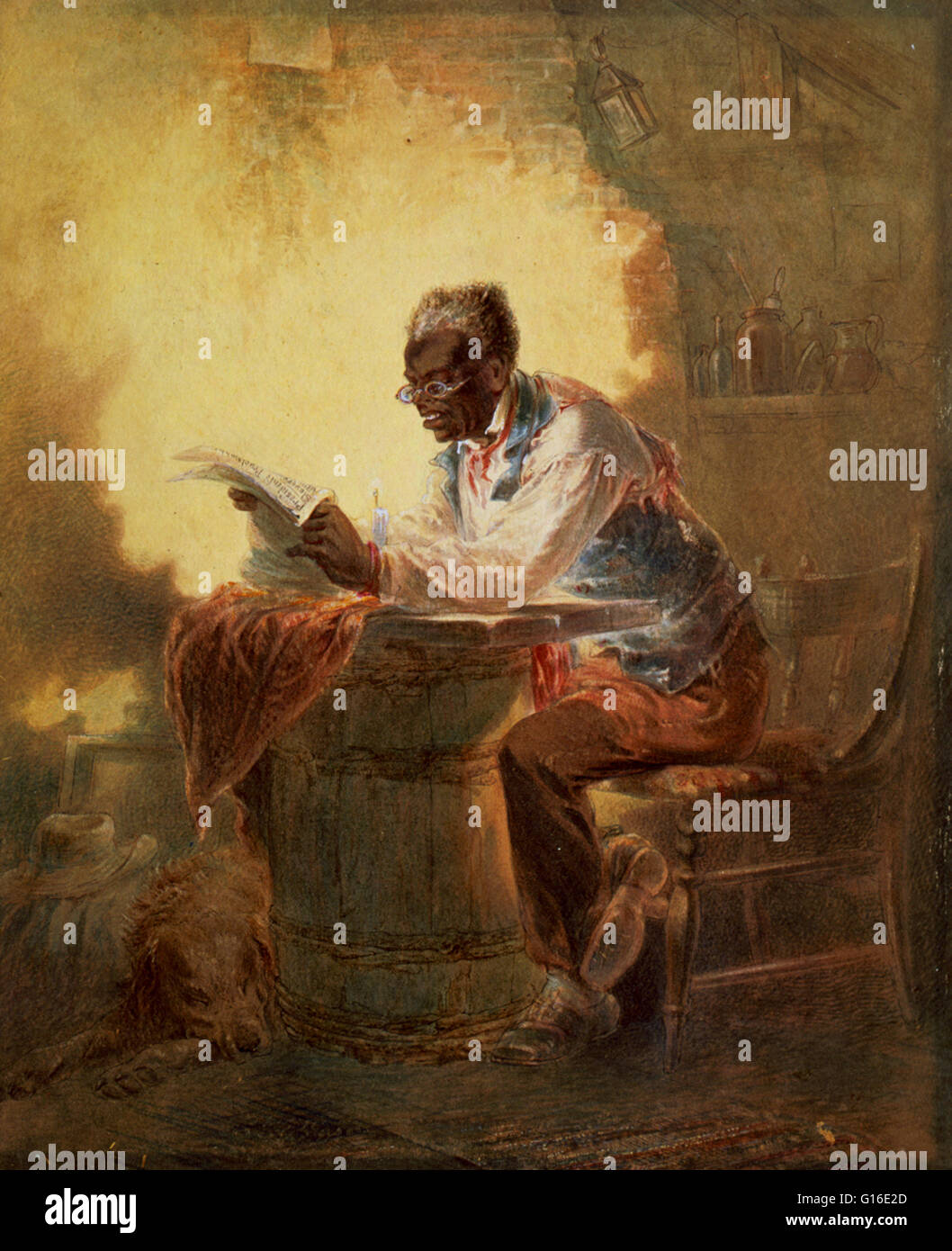 Entitled: "Black man reading newspaper by candlelight" showing an ...