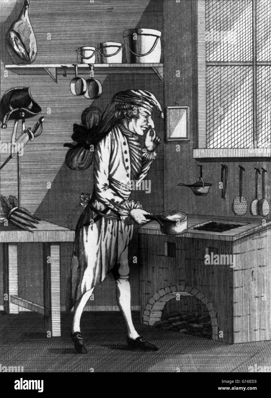 Entitled: "A macaroni French cook." Shows a man dressed macaroni ...