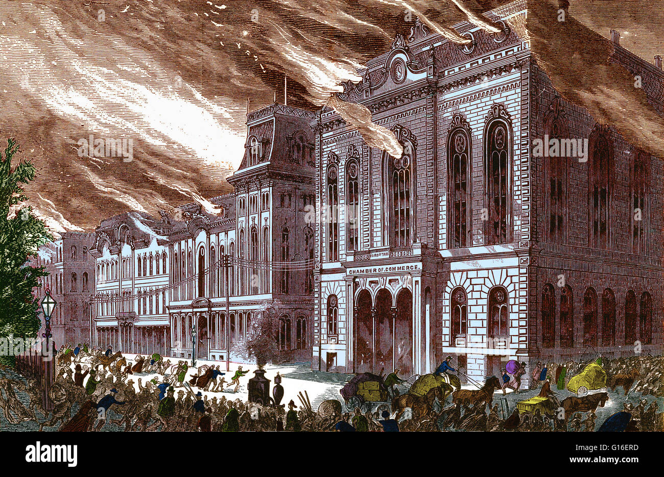 Color enhanced Illustration of Chicago Fire, 1871. On the evening of ...