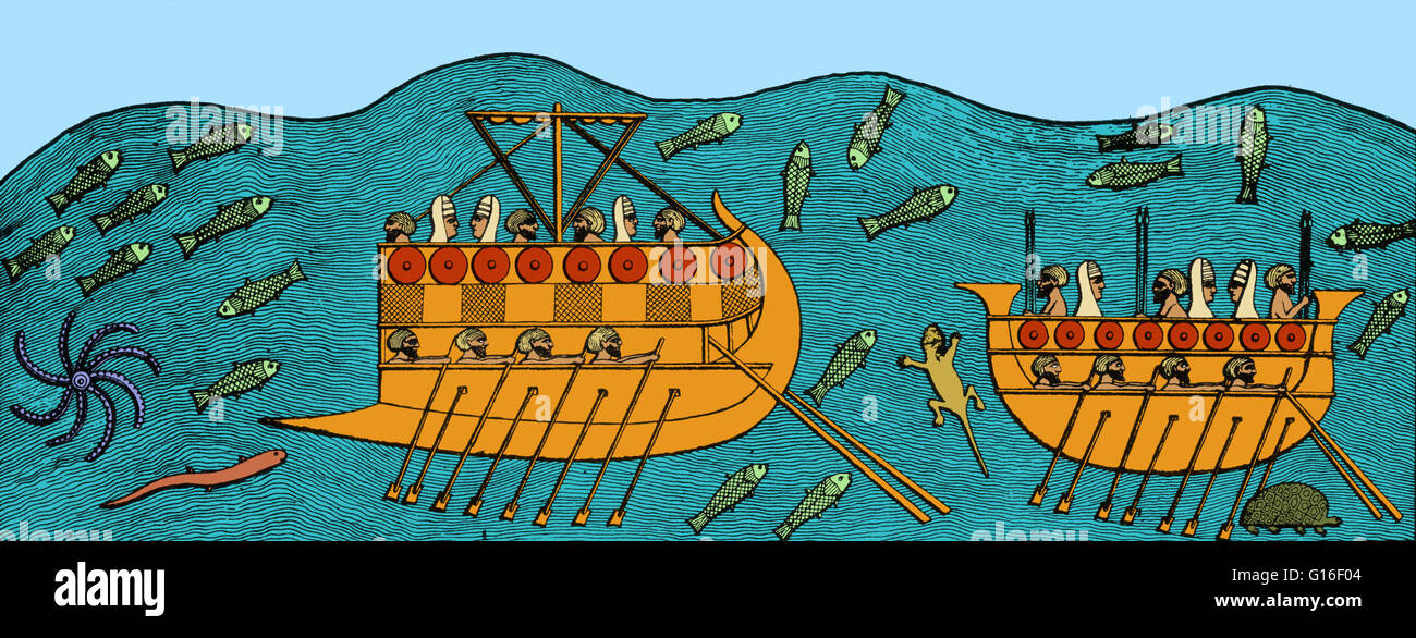 Detail from wall relief of Assyrian warships 700-692 BCE From Nineveh ...