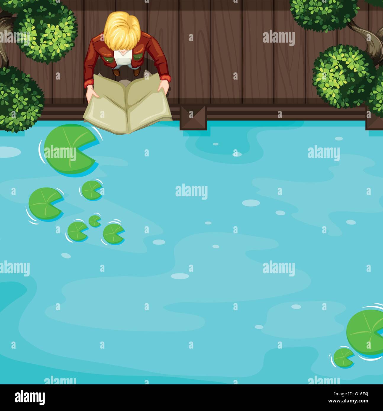 Top view of man reading near the river illustration Stock Vector Image ...