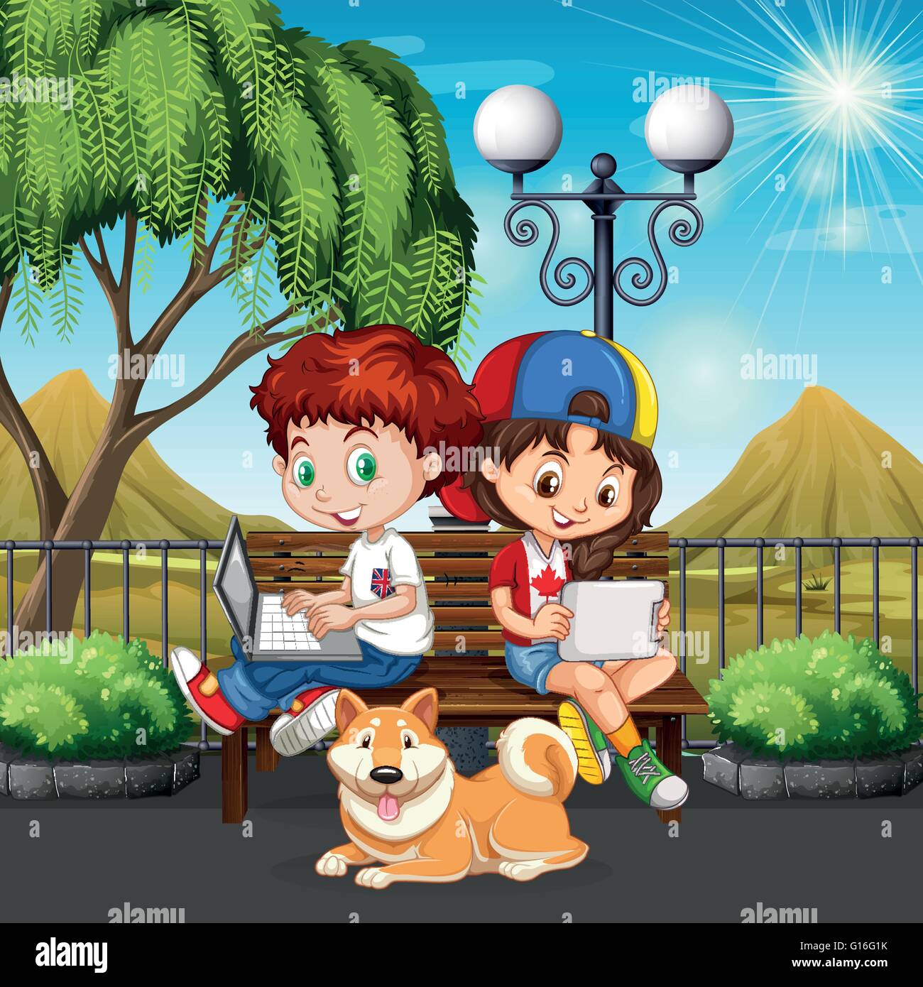 Boy and girl using computer in the park illustration Stock Vector Image ...