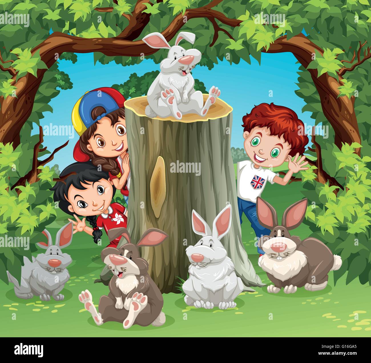 Children in the jungle with rabbits illustration Stock Vector Image ...