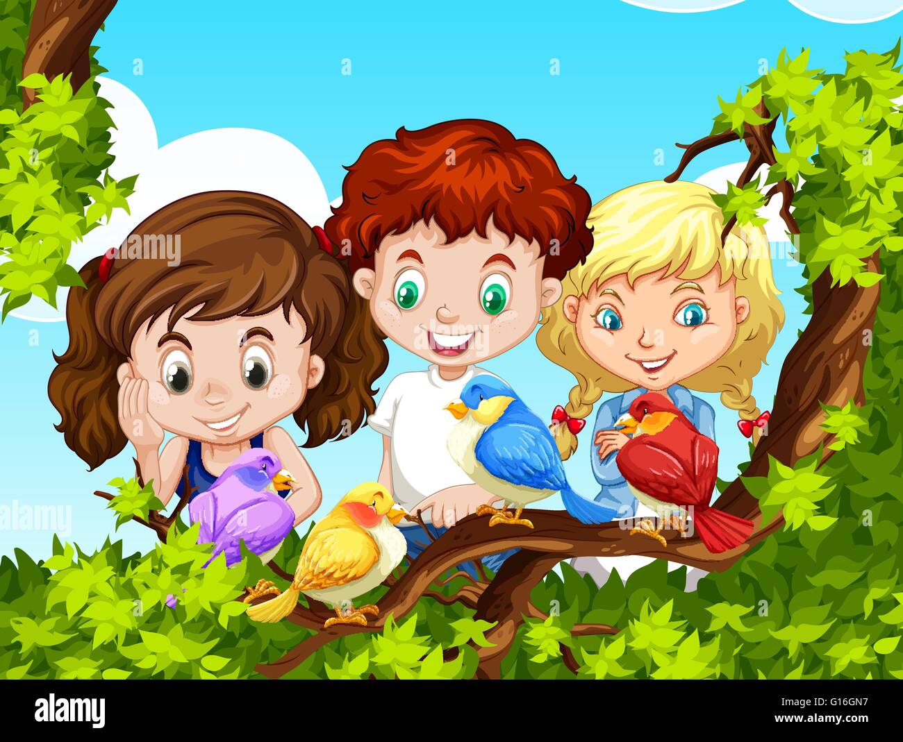 Children looking at birds on branch illustration Stock Vector Image ...