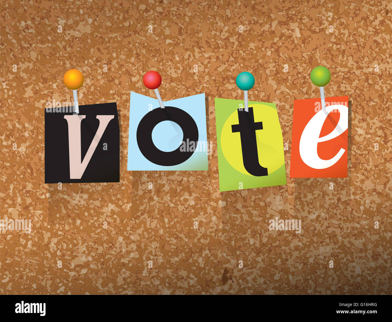 The word "VOTE" written in cut ransom note style paper letters and ...