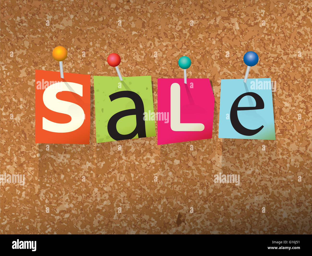 The word "SALE" written in cut ransom note style paper letters and ...