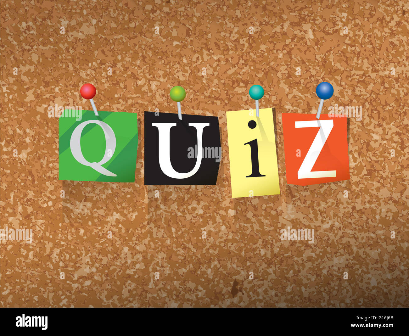 The word "QUIZ" written in cut ransom note style paper letters and ...