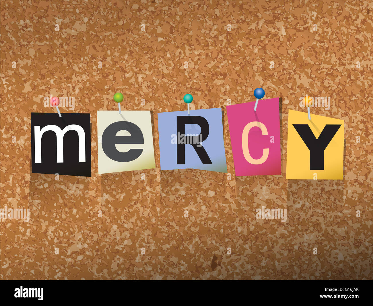 The word "MERCY" written in cut ransom note style paper letters and ...