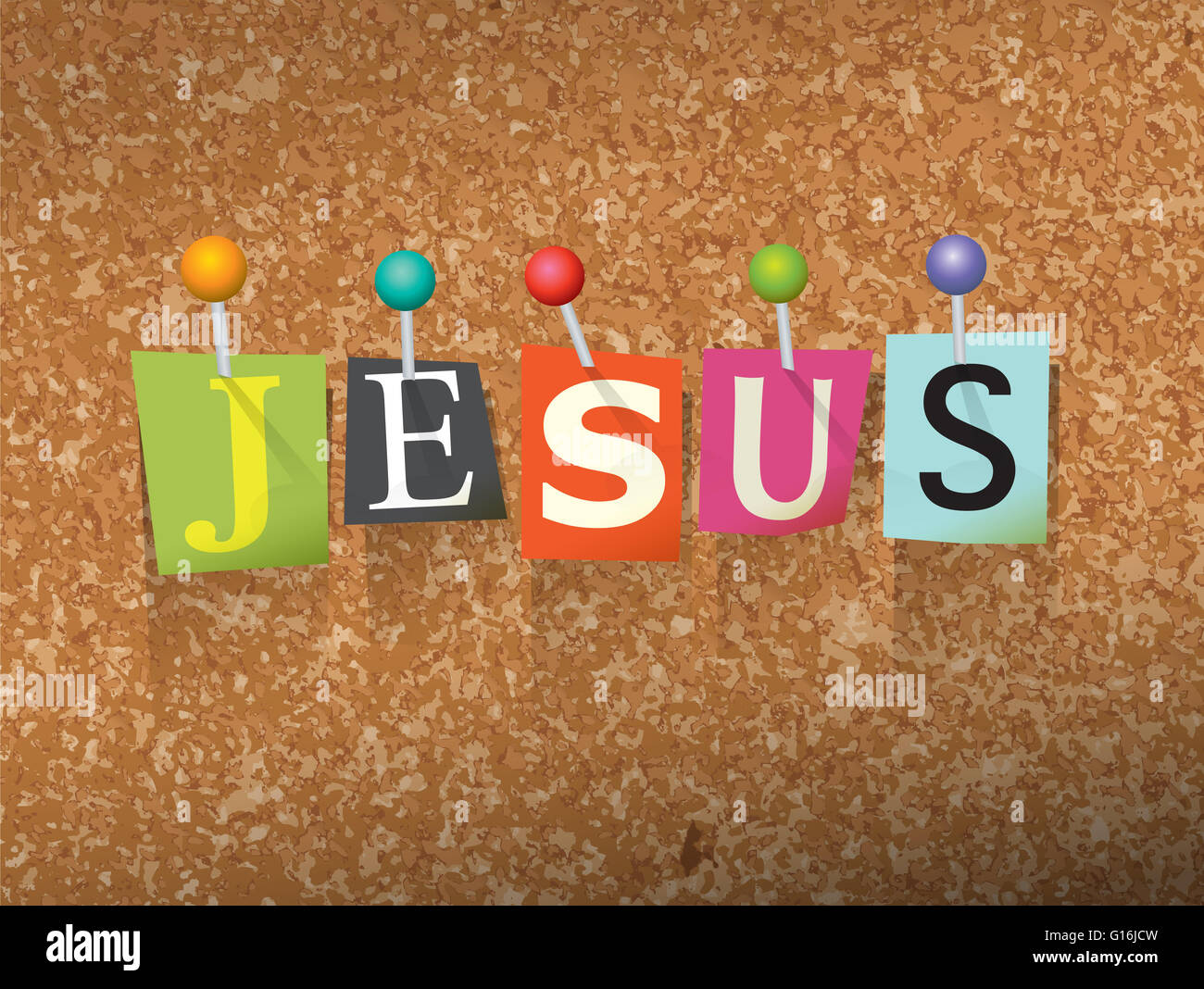 The name "JESUS" written in cut ransom note style paper letters and ...