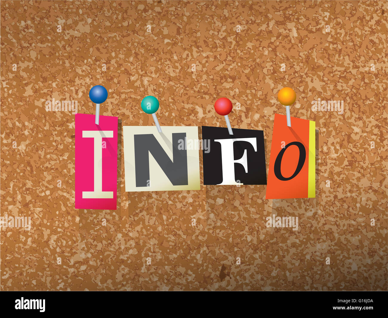 The word "INFO" written in cut ransom note style paper letters and ...