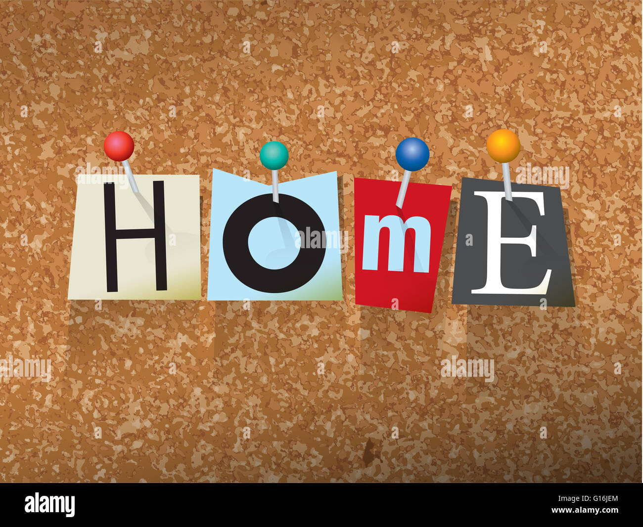 The word "HOME" written in cut ransom note style paper letters and ...