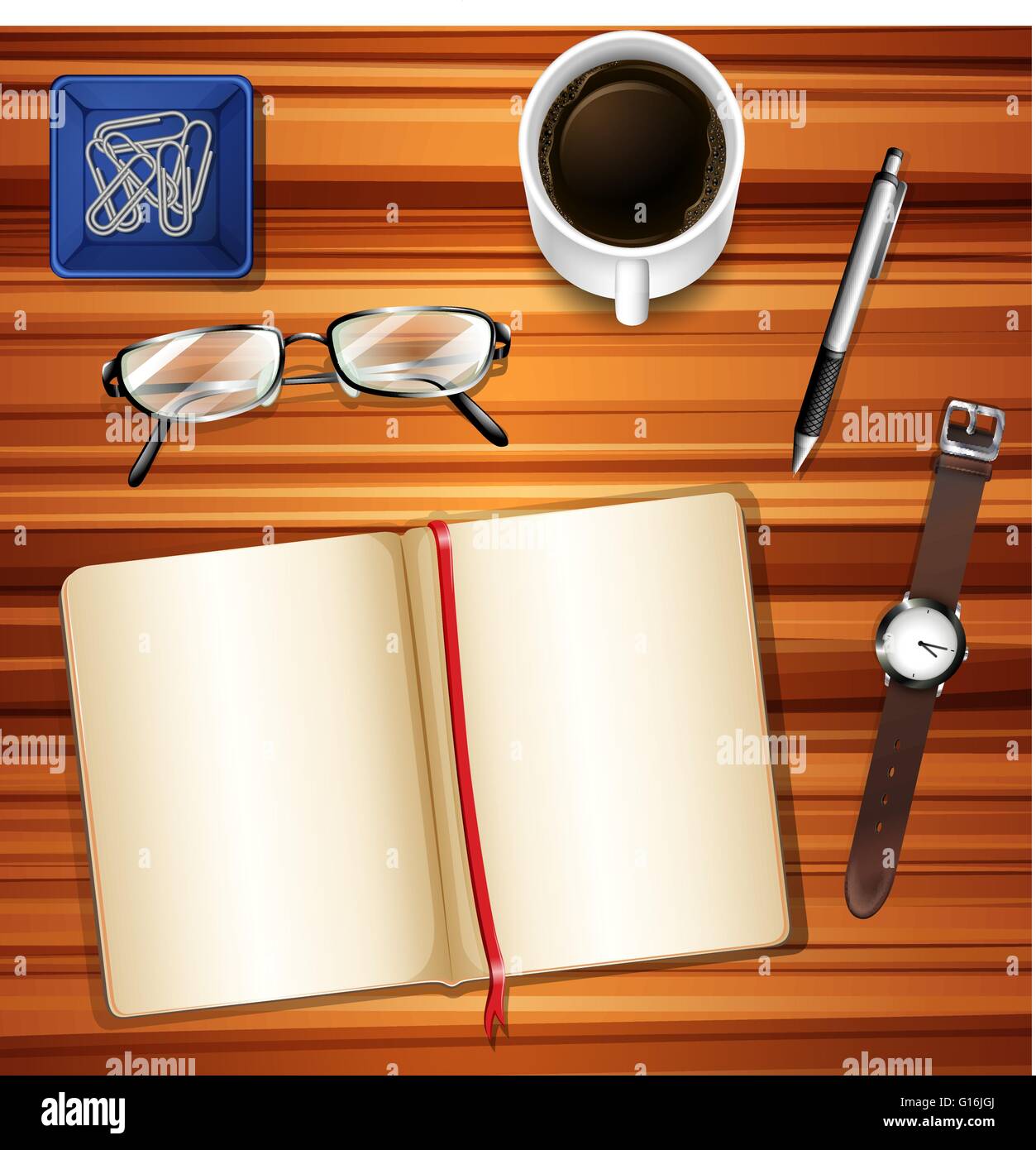 Notebook on table with other accessories illustration Stock Vector ...