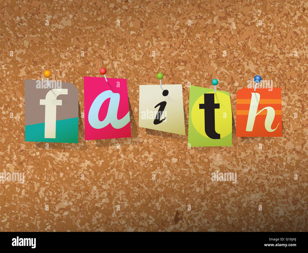 The word "FAITH" written in cut ransom note style paper letters and ...