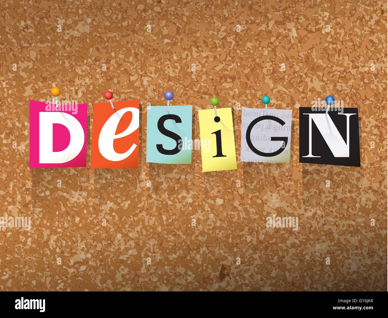 The word "DESIGN" written in cut ransom note style paper letters and ...