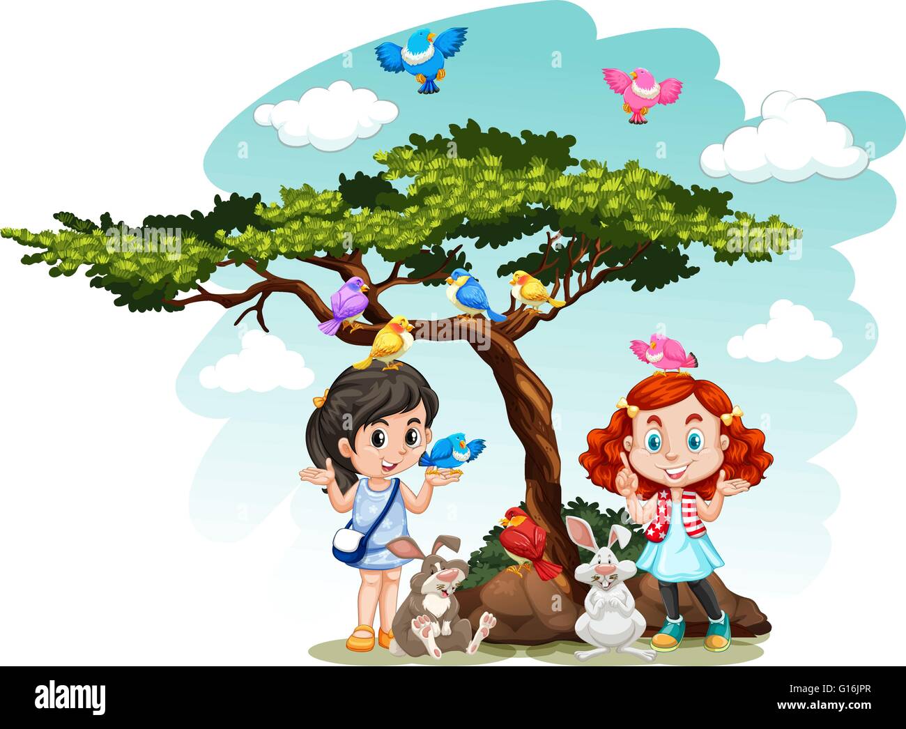 Girls standing under the tree illustration Stock Vector Image & Art - Alamy