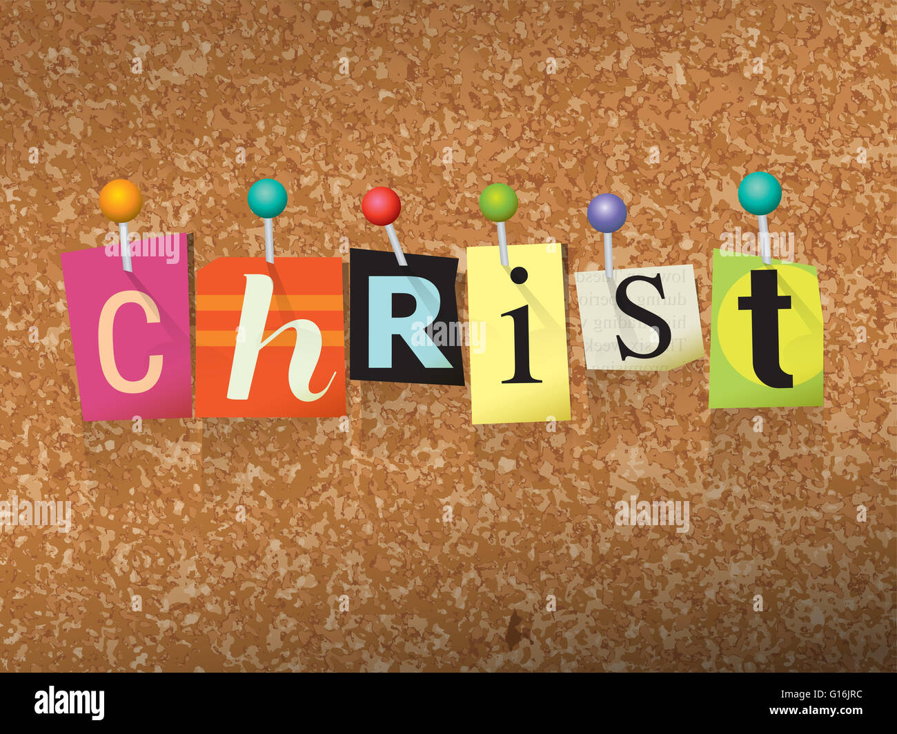 The name "CHRIST" written in cut ransom note style paper letters and ...