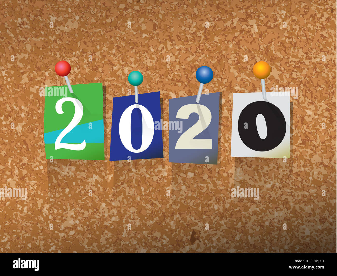 The word "2020" written in cut ransom note style paper letters and ...