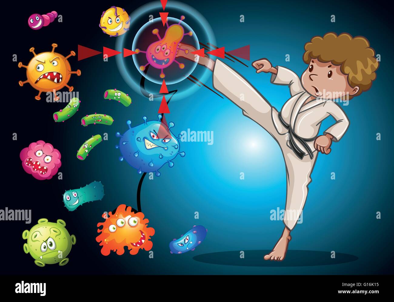 Man in karate uniform kicking bacteria illustration Stock Vector Image ...