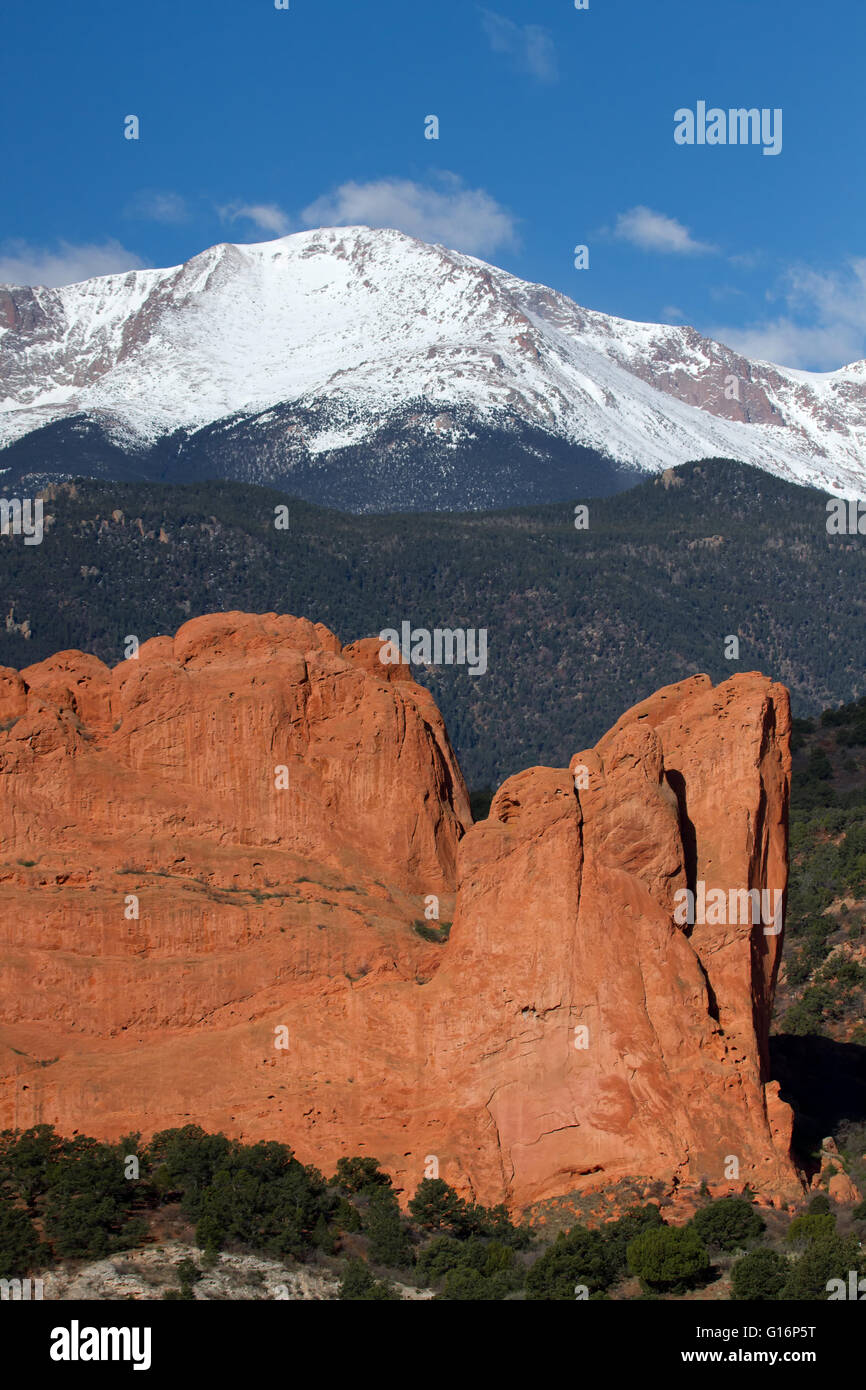 Close up view of Pikes Peak Mountain in Colorado Springs with a red ...