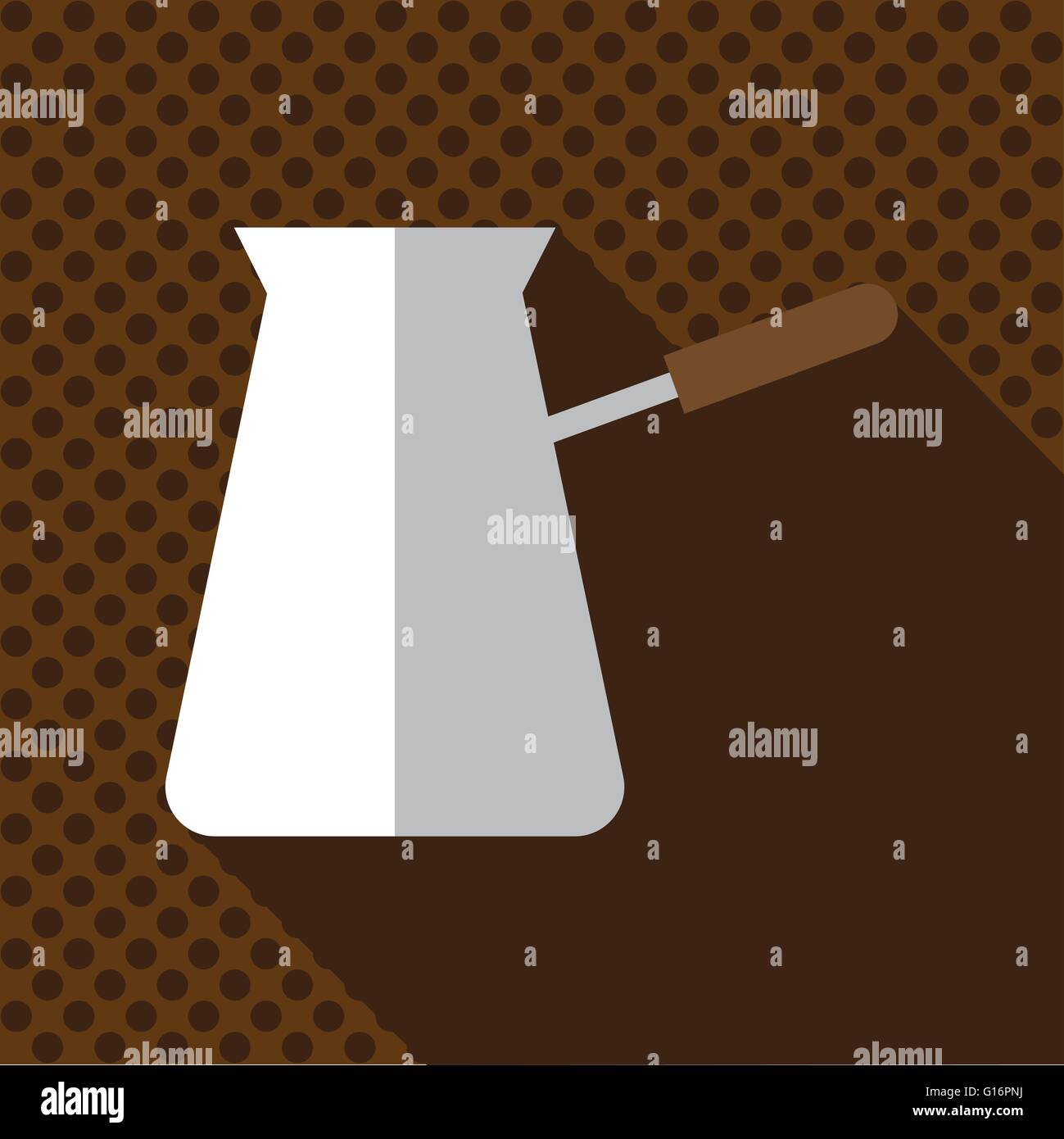 A white jug of hot coffee with a handle and shadow, in outlines, over a ...