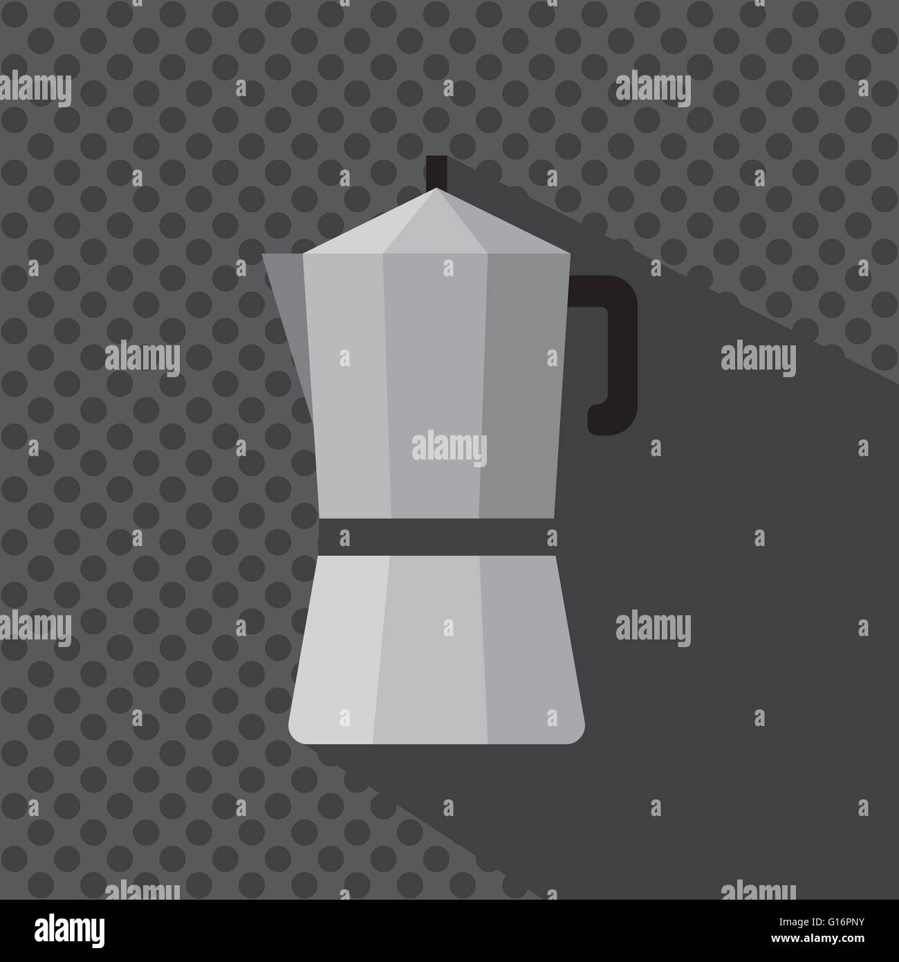 A silver coffee maker with a handle and shadow, in outlines, over a ...