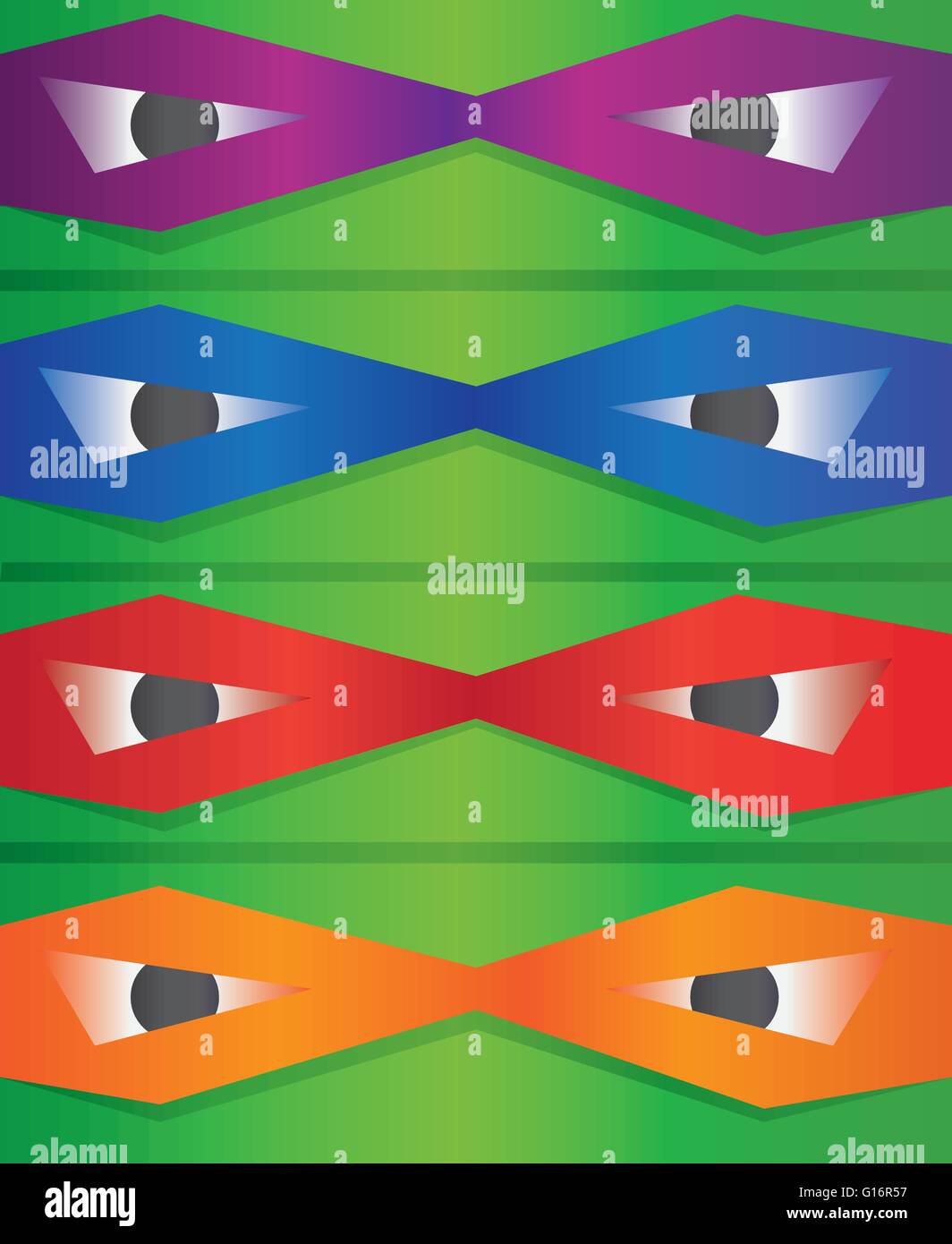 Colorful purple, blue, red and orange masks with black eyes on green ...