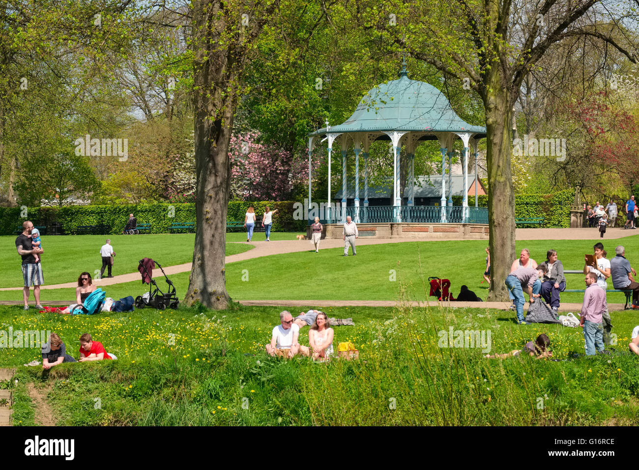 People enjoying spring sunshine in the Quarry, Shrewsbury, Shropshire ...