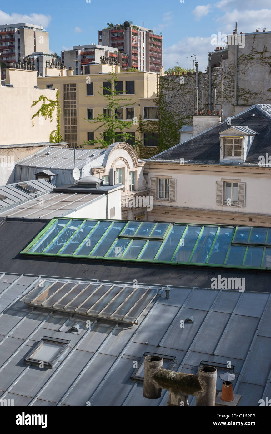 Cluster of rooftops with glass skylights and food gardens looking ...