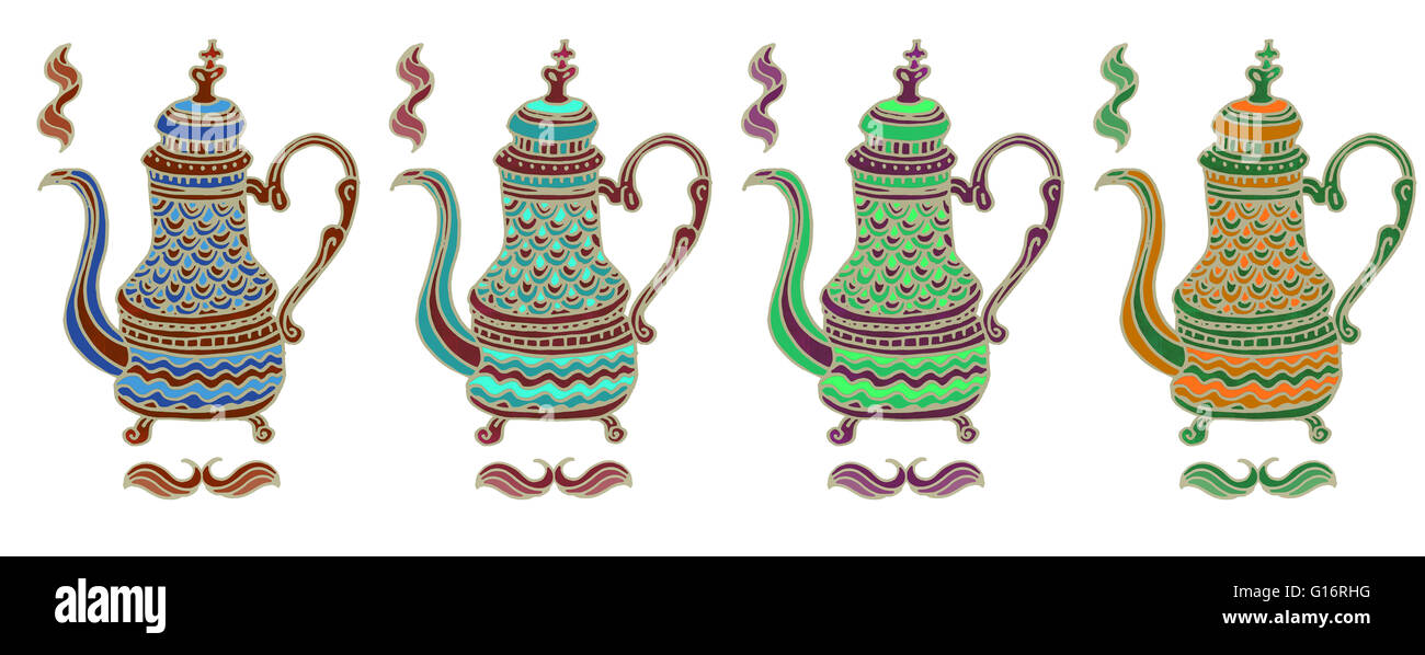 four Arabic teapots in a row isolated on a white background Stock Photo ...