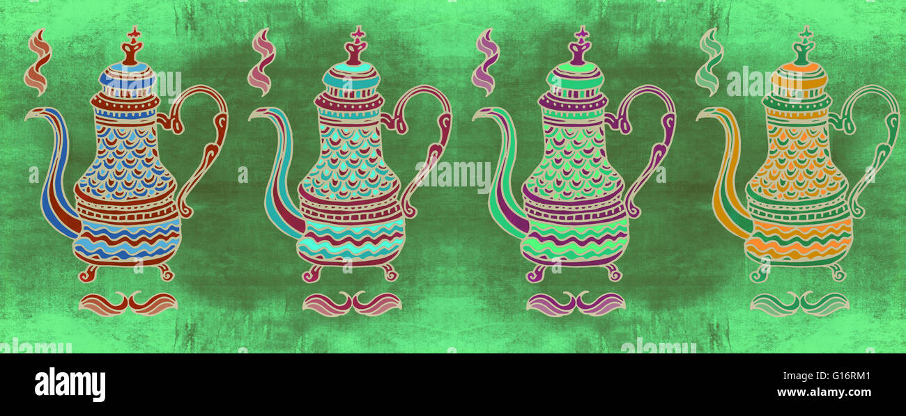 four vintage Arabic teapots in a row isolated on a dark green ...