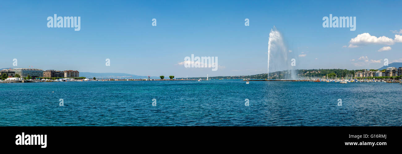 View of Lake Geneva featuring the Jet d'Eau fountain soaring high at ...