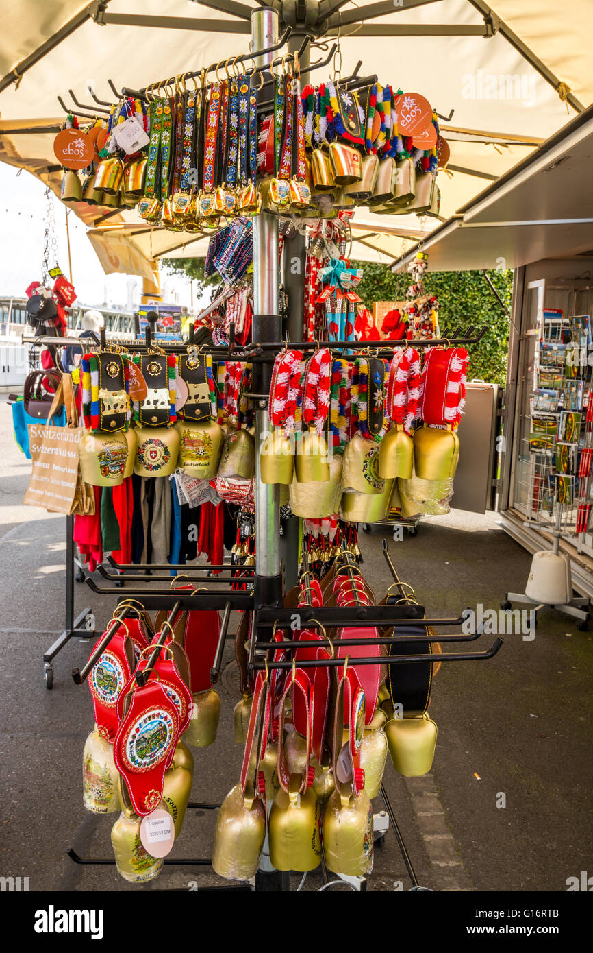 Souvenir stalls with Swiss memorabilia at Promenade du Lac in Geneva ...