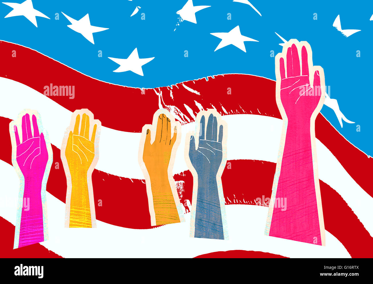 colorful, different kind of hands voting on the american flag Stock ...
