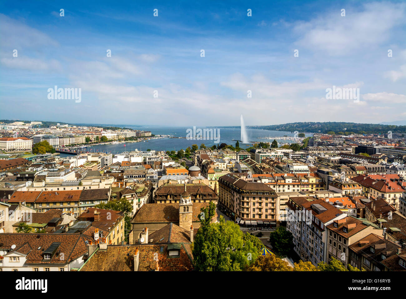 Stunning aerial view of Lake Geneva and Jet d'eau from Saint Pierre ...