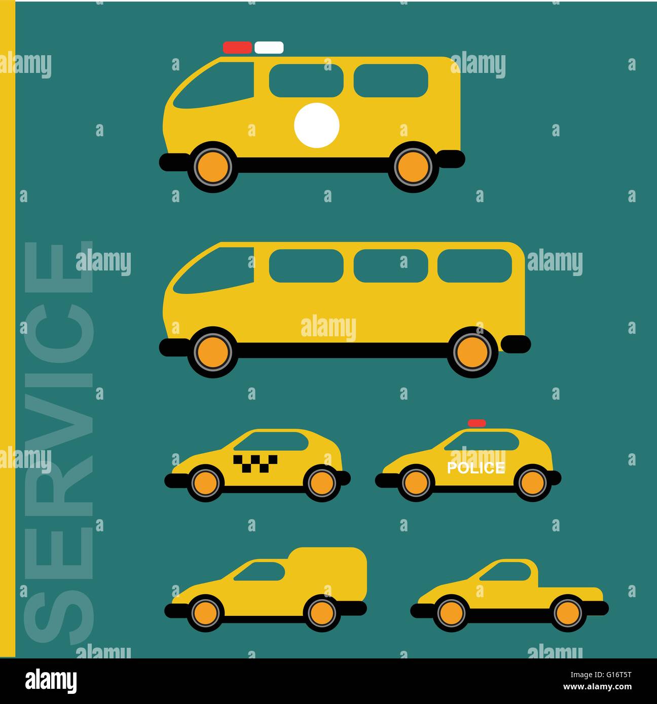 Public service cars. Ambulance, school bus, taxi, police, hauler. Car ...
