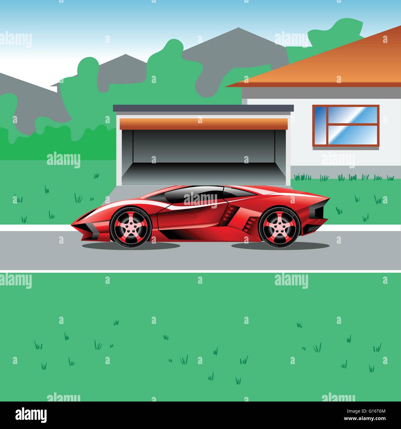 Red luxury sport car parked beside a house with a garage. Suburban house landscape view ...