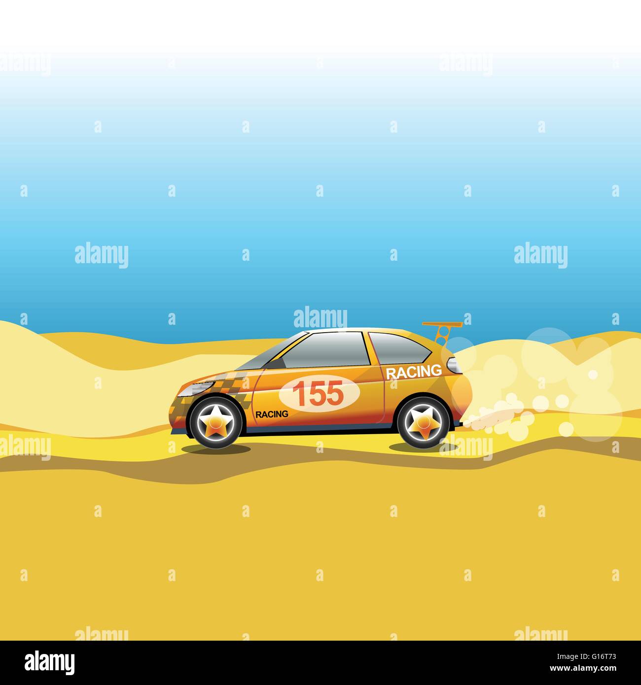 Rally in a desert. Racing car safari trip. Sport car driving on a sandy ...