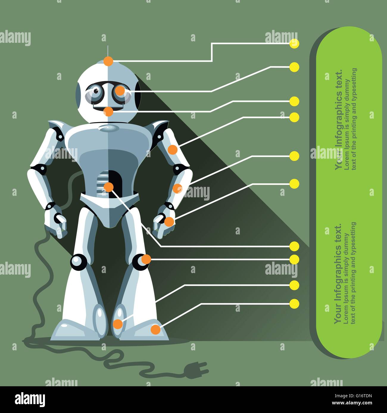 Silver humanoid robot displayed as an infographic with chip elements ...
