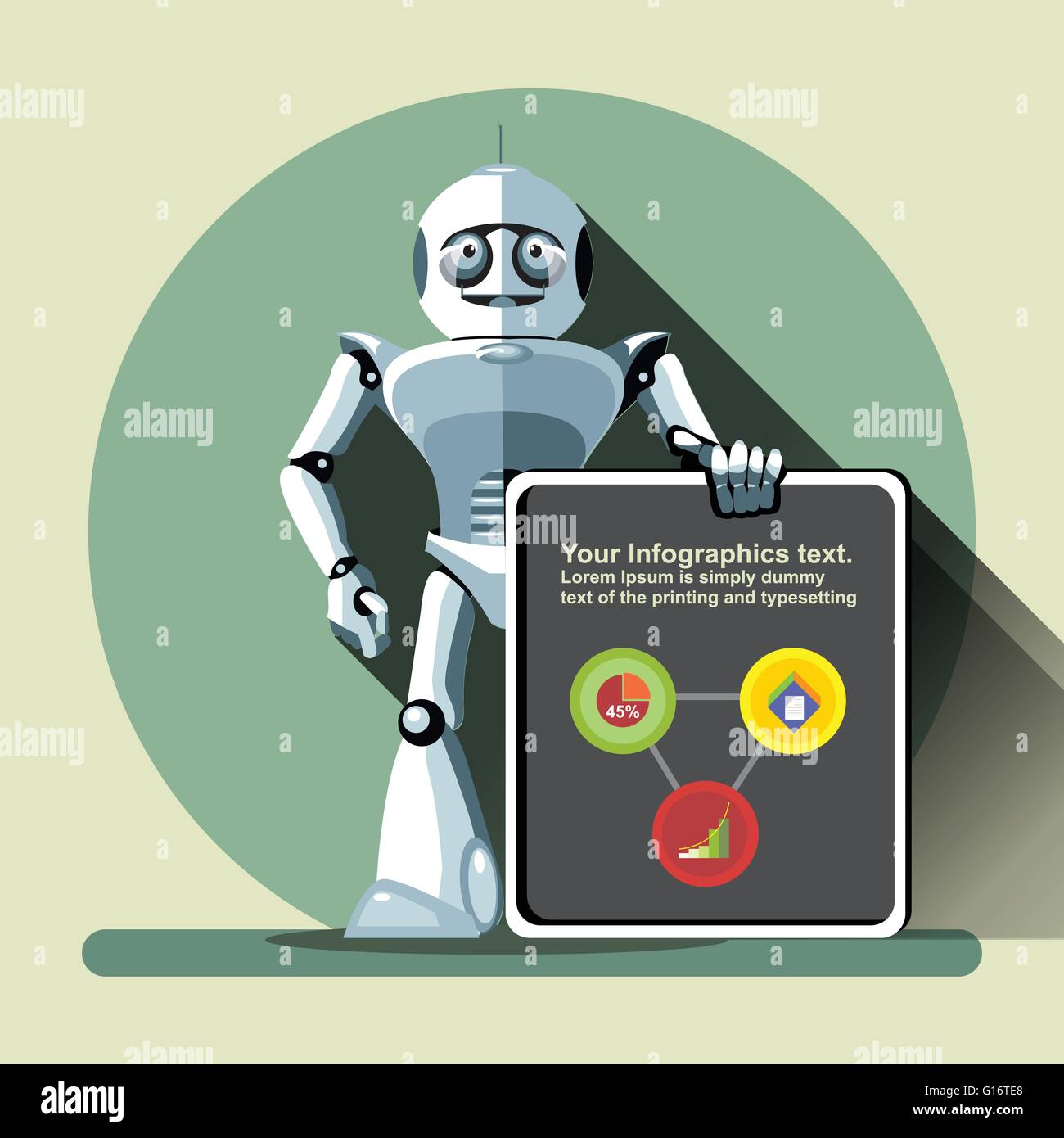 Silver humanoid robot presenting info graphic on a big display. Digital ...