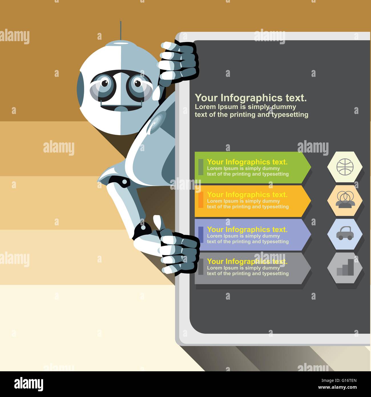Silver humanoid robot presenting info graphic on a big display. Digital ...