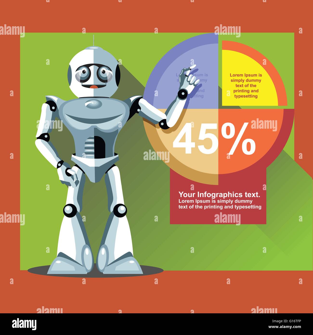 Silver humanoid robot presenting info graphic on a display. Digital ...