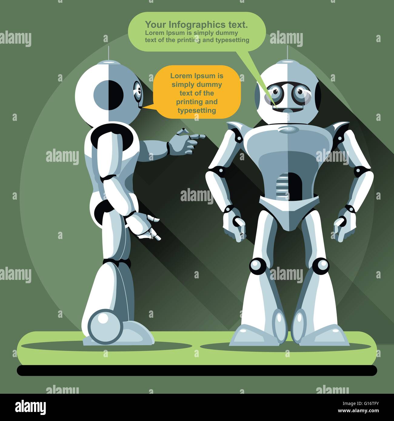 Two silver humanoid robots chatting. Digital background vector ...