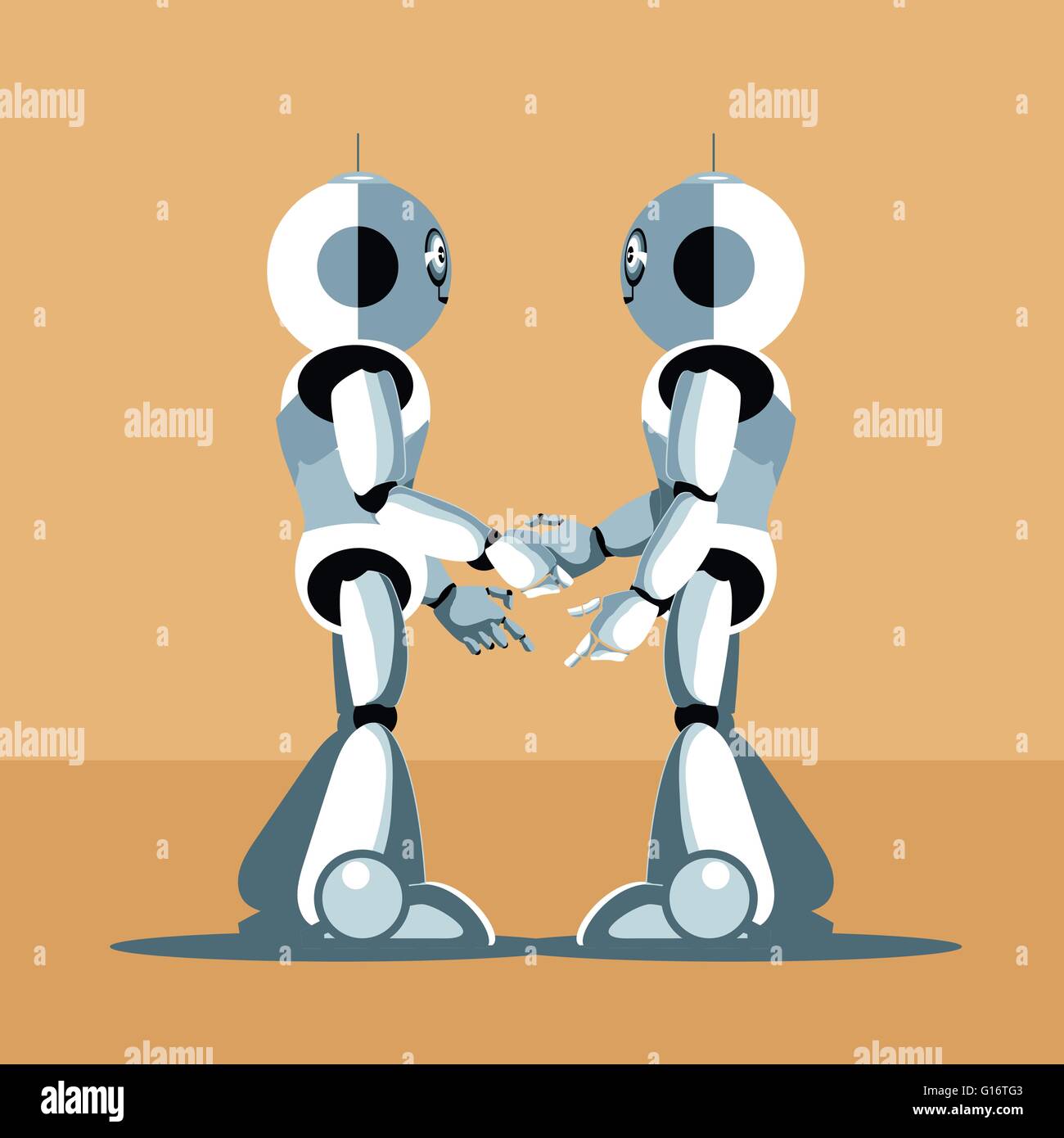 Two silver humanoid robots shaking hands. Digital background vector illustration Stock Vector ...