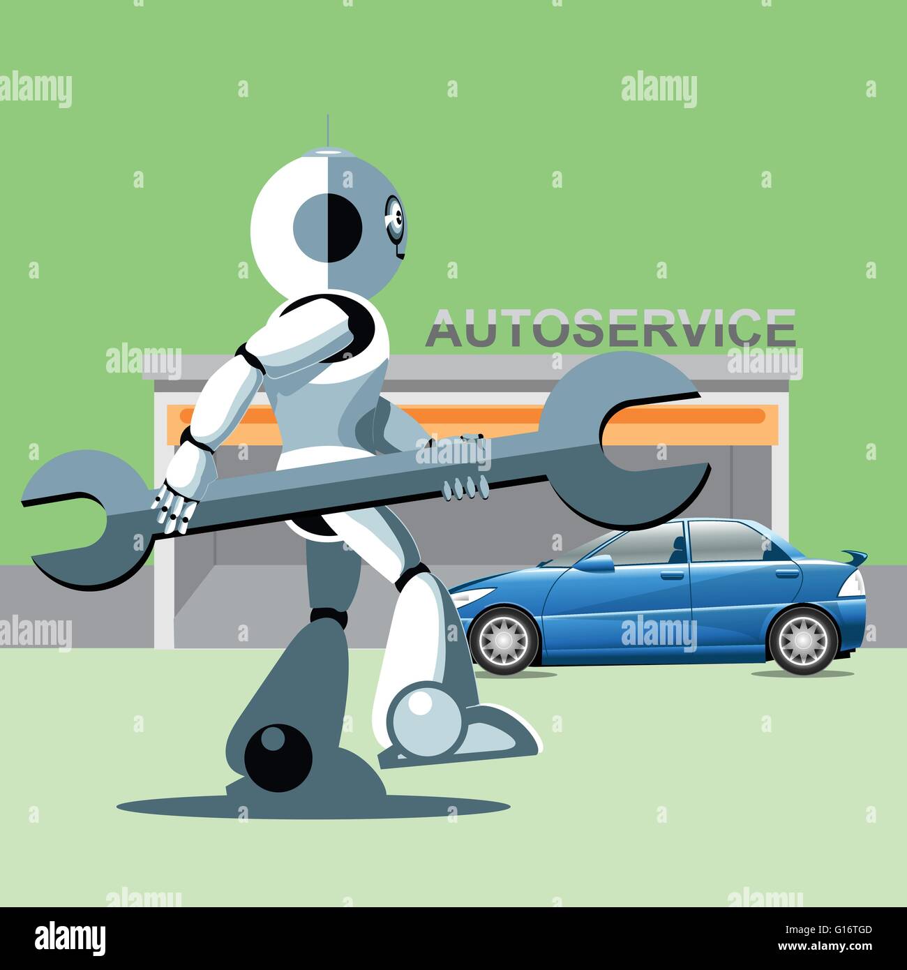 Silver humanoid robot presenting info graphics with tools and cars at ...