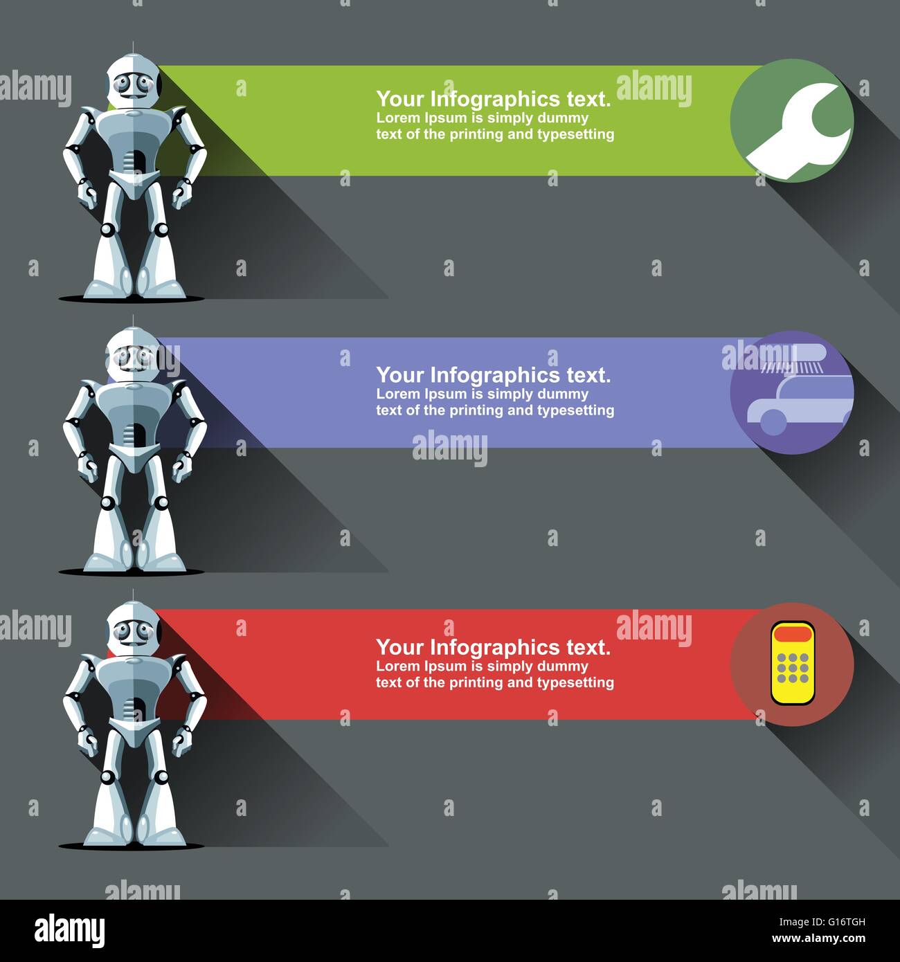 Three silver humanoid robots presenting info graphics with tools, cars ...