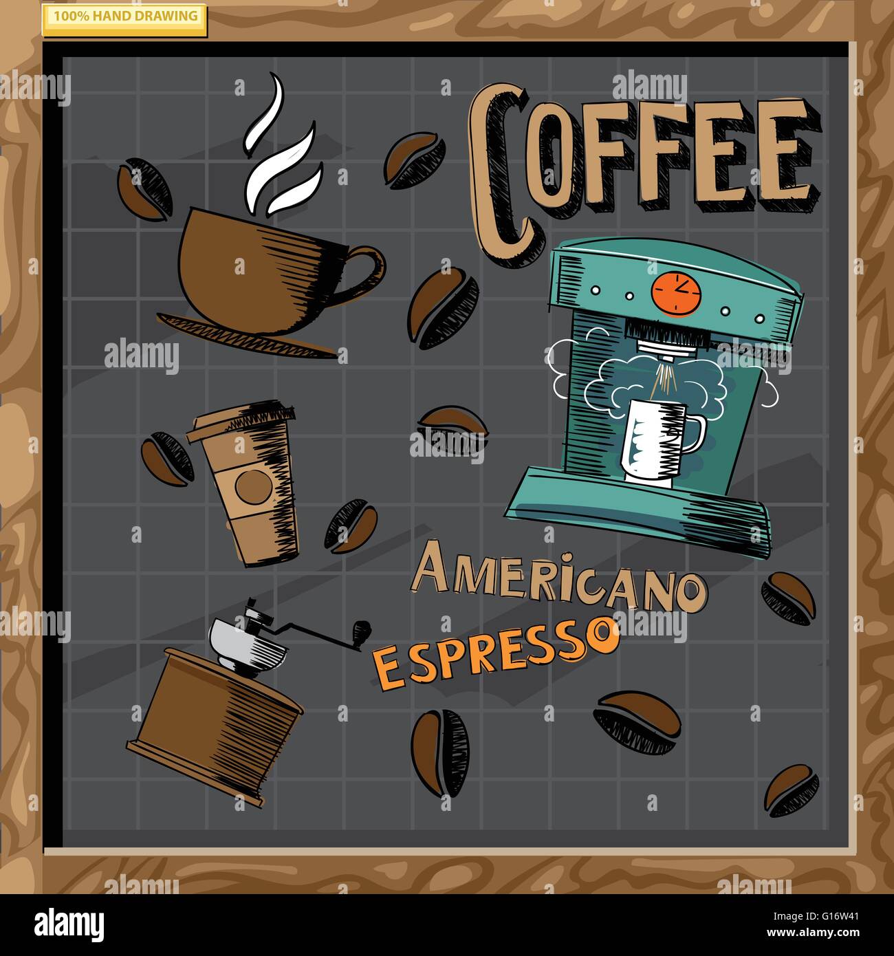 Hand drawn cafe menu board signs and food collection on chalkboard ...