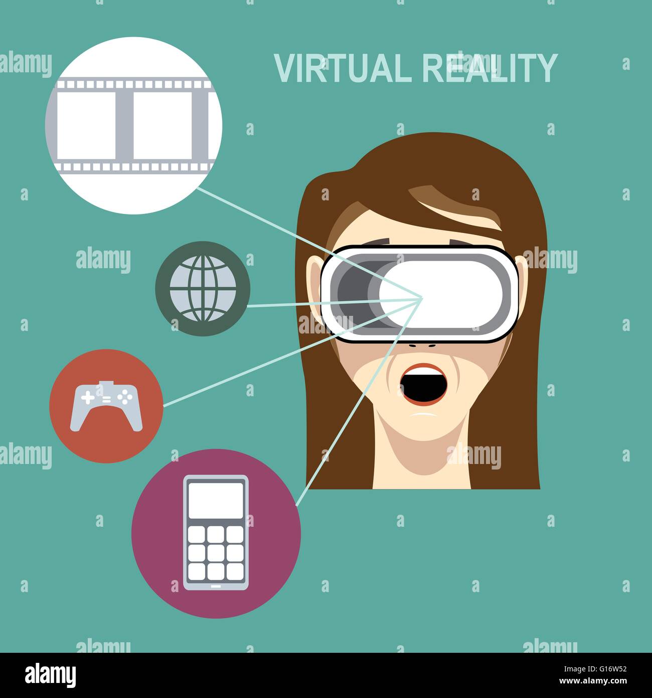 A virtual reality head set on a female head with brown hair with apps ...