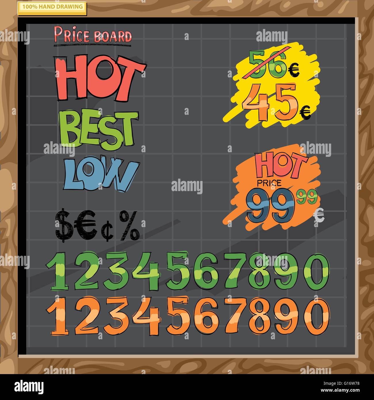 Hand drawn cafe menu board signs collection on chalkboard, digital ...